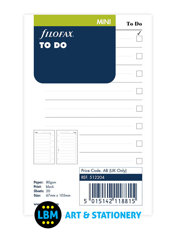 Filofax Mini Size Organiser To Do Refills - LBM Art & Stationery Store